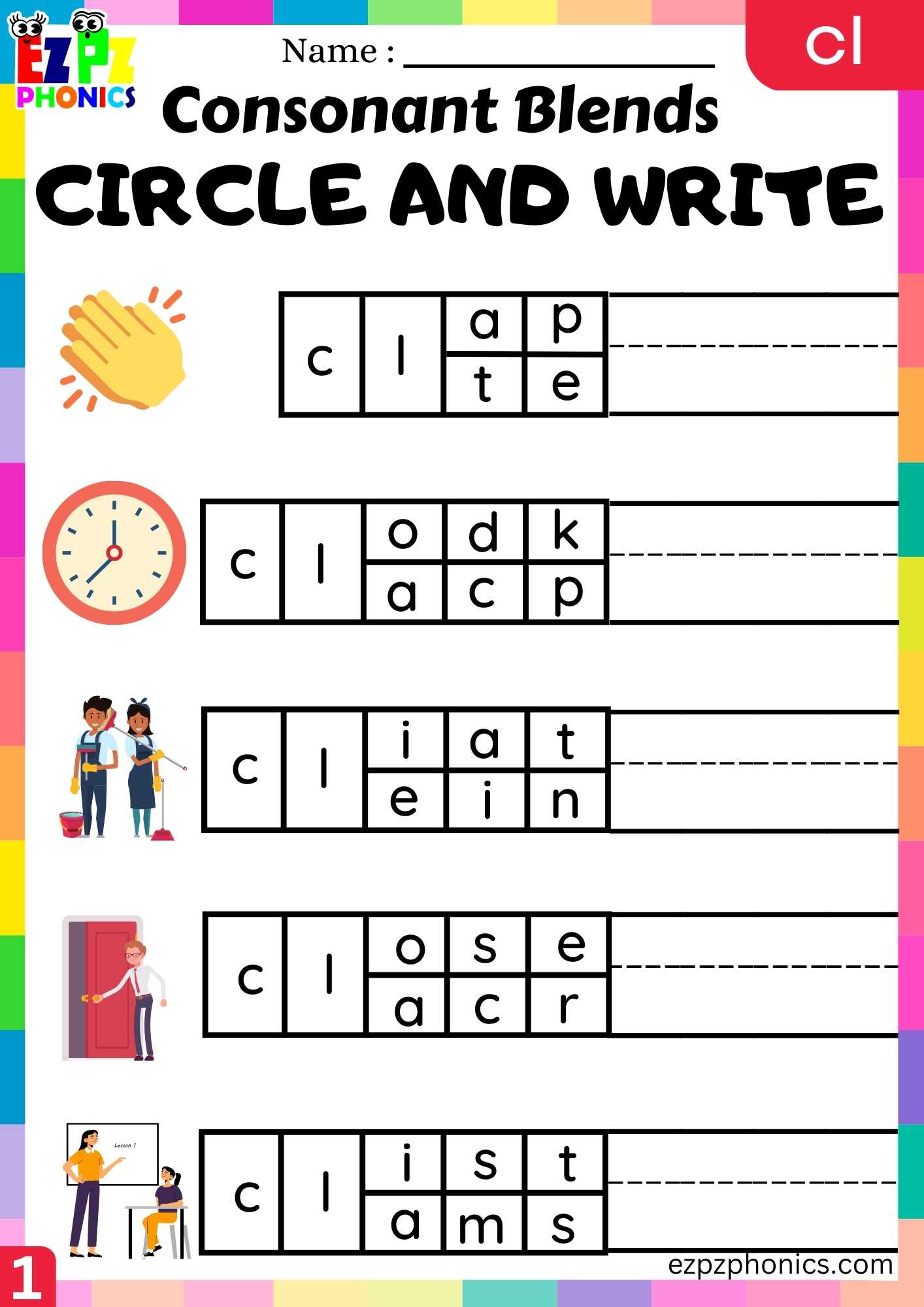 Group1 CL Words Circle And Write Phonics Consonant Blends Worksheet - ezpzphonics.com
